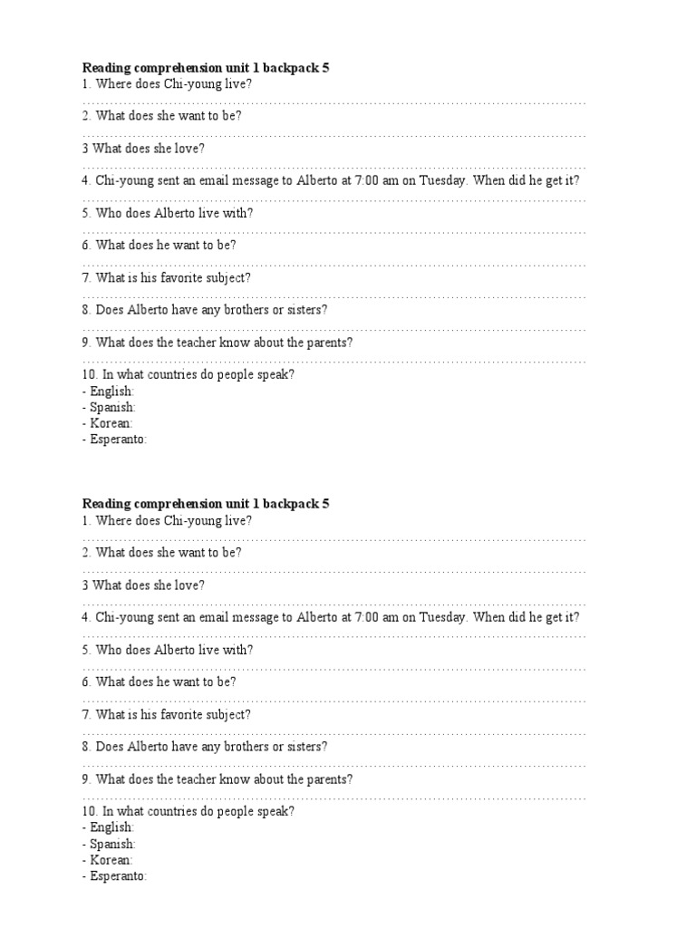 Reading Comprehension Unit 1 Backpack 5 | PDF
