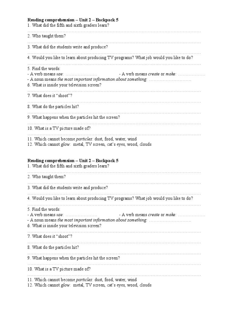 Reading Comprehension Unit 2 Backpack 5 | PDF | Career & Growth | Games ...