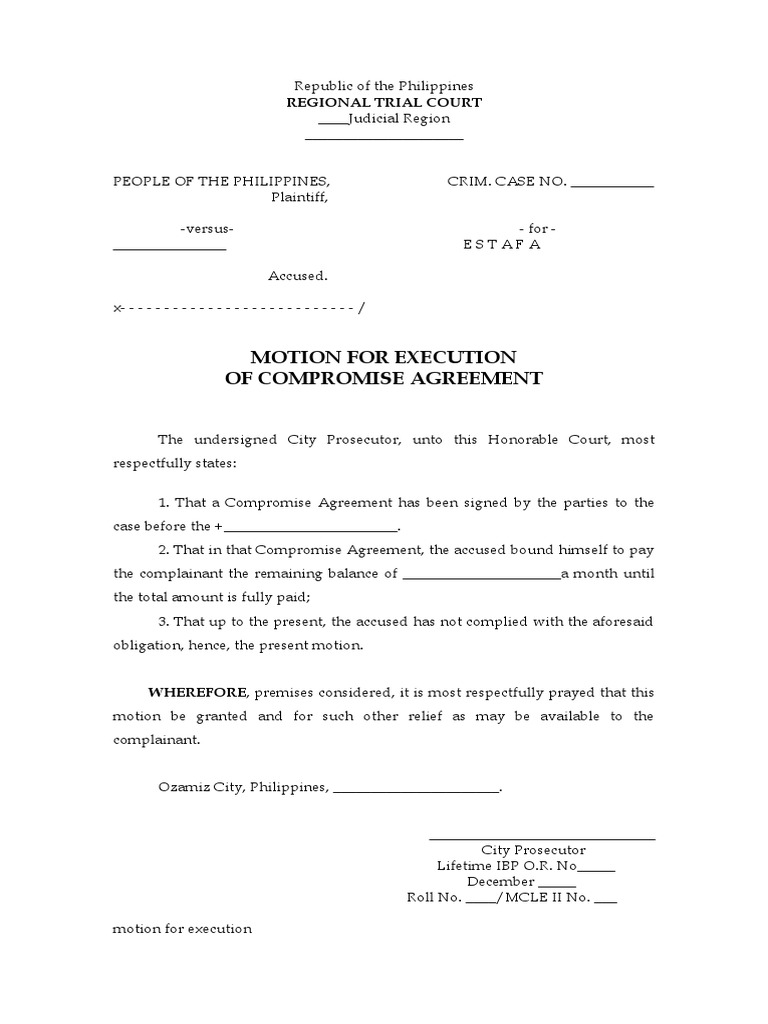 Motion For Execution of Compromise Agreement | PDF | Government Institutions | Common Law