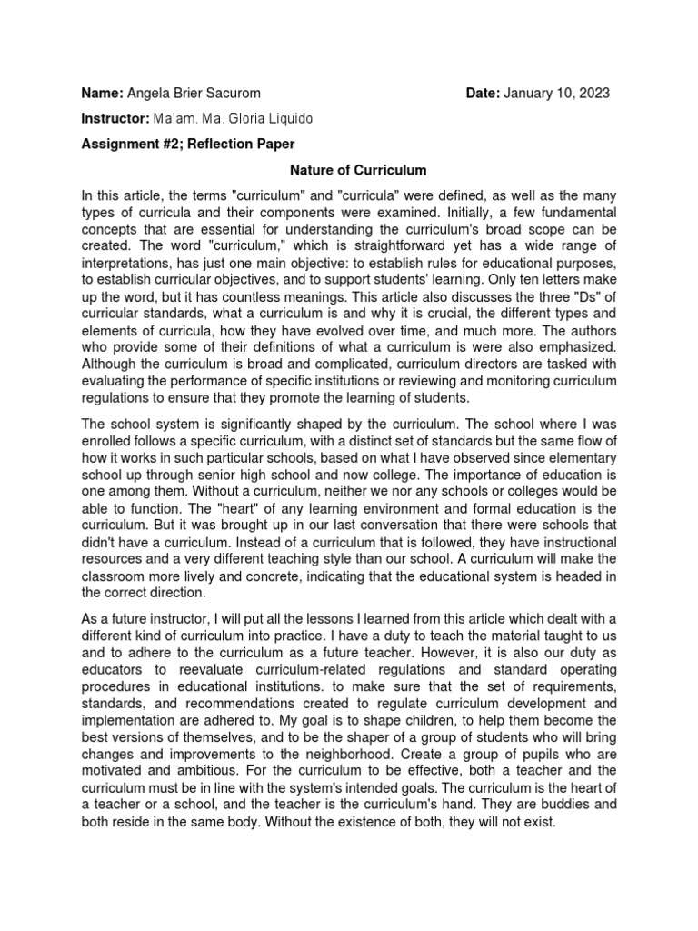 Angela Brier Sacurom Educ 108-N1 Reflection Paper Assignment 2 | PDF | Curriculum | Teachers
