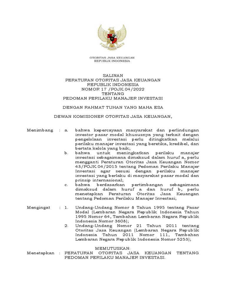 POJK 17 Perilaku Mi - 2022 | PDF