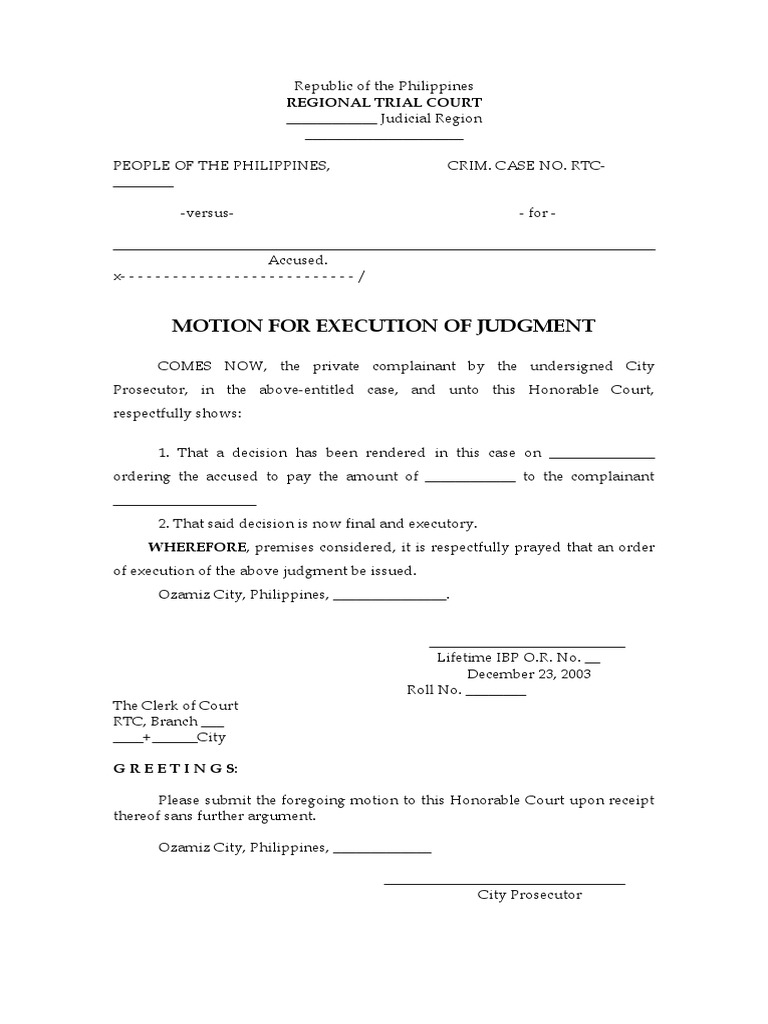 Motion for Execution of Judgment | PDF | Finance & Money Management | Law
