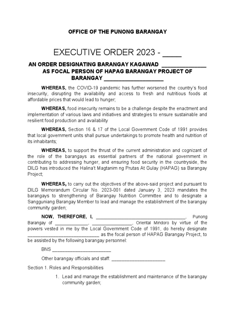Draft EO HAPAG Barangay Focal Person | PDF | Food Security | Food And Drink