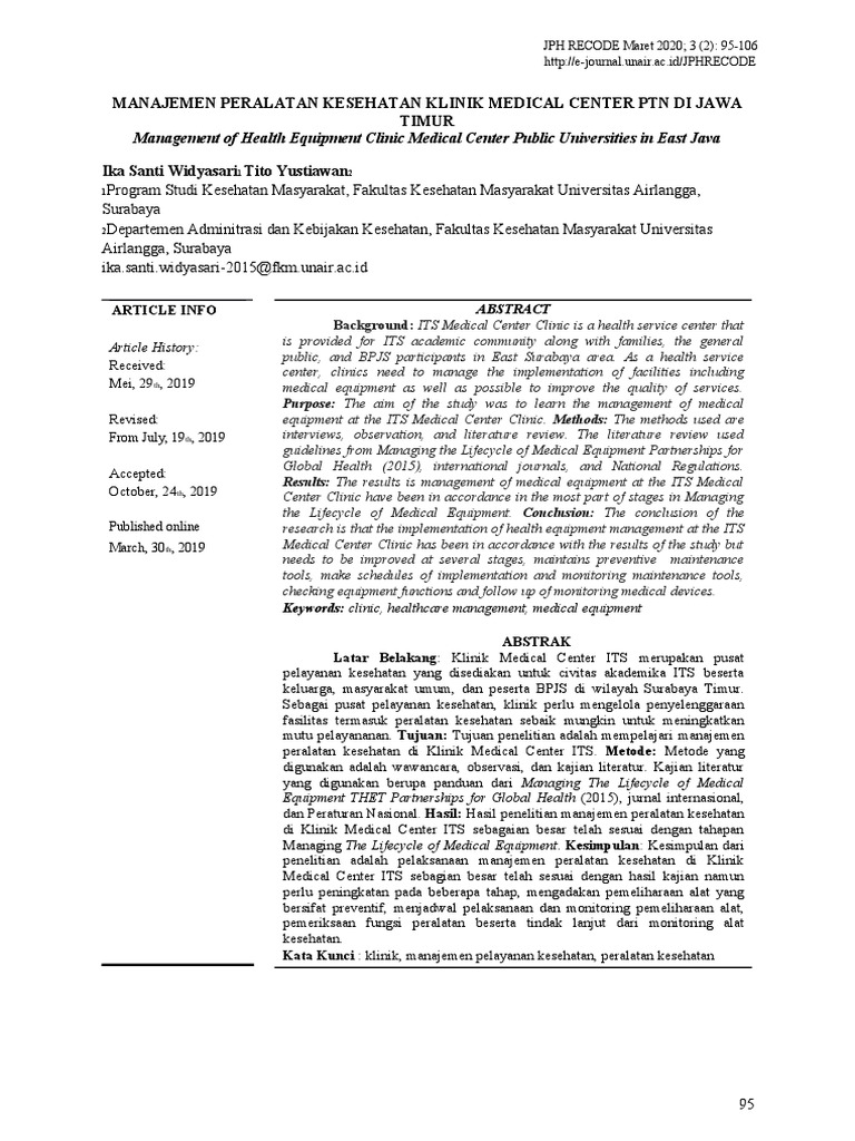 Management of Health Equipment Clinic Medical Center Public Universities in East Java | Download ...