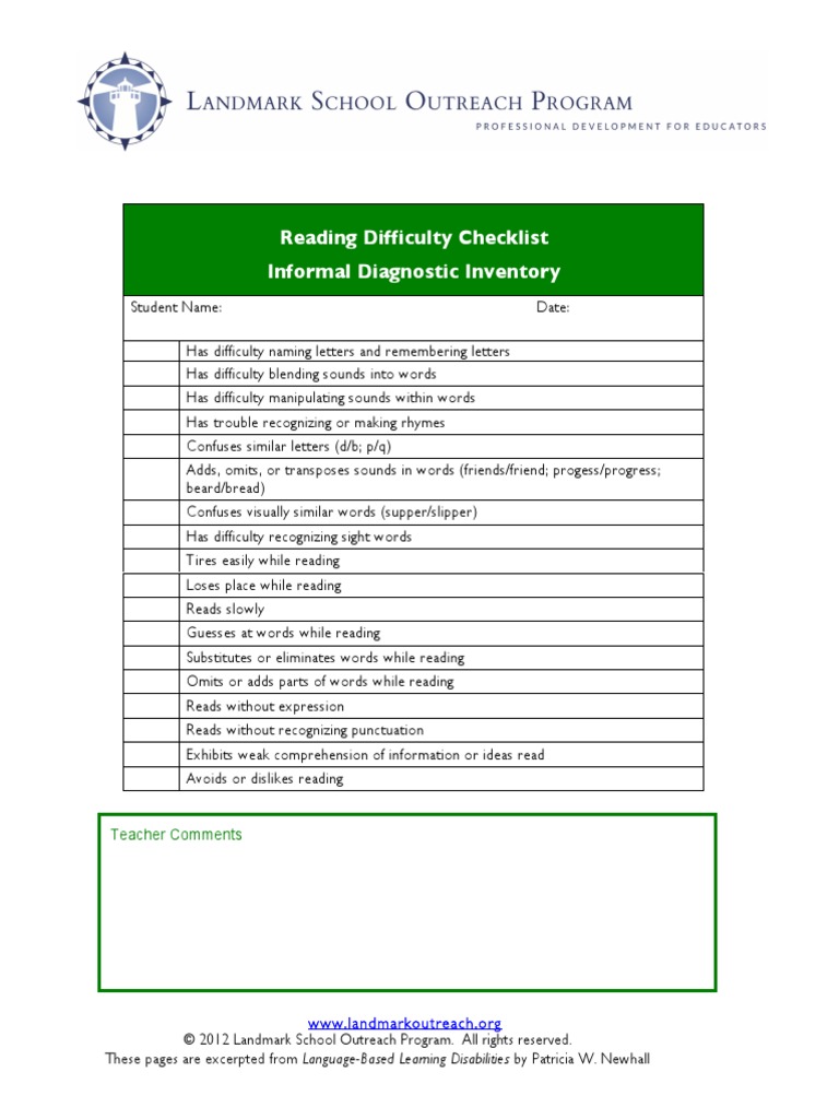 Reading Difficulty Checklist | PDF