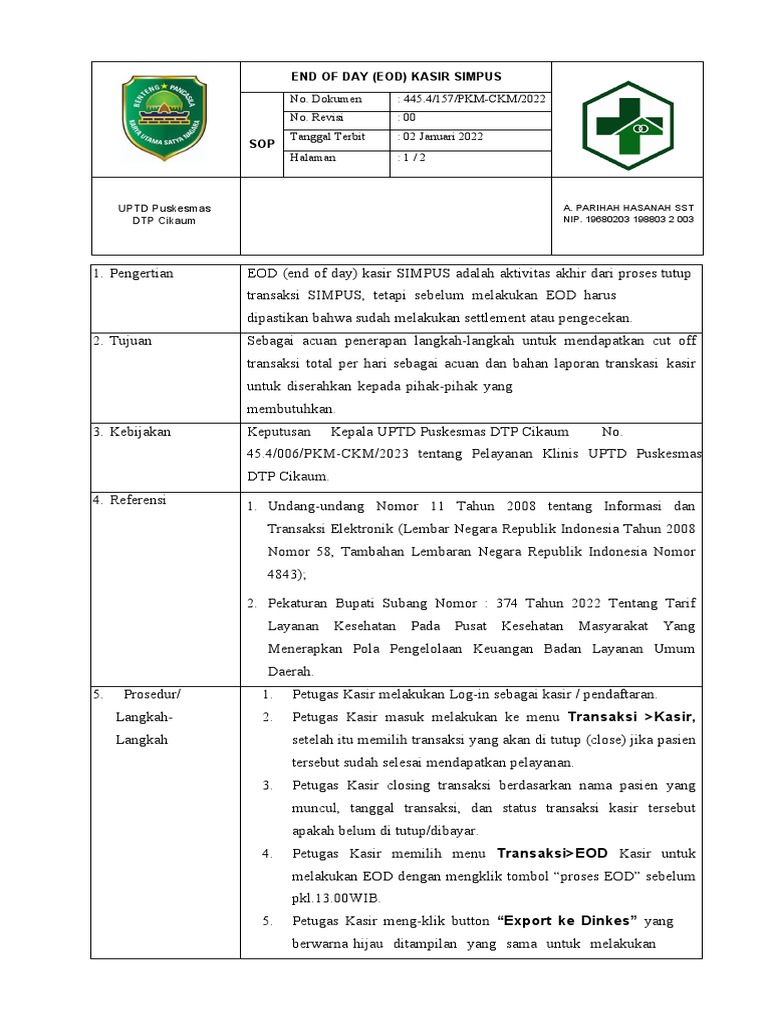 Ep 3.1.1.2 Sop Eod Kasir Simpus | PDF | Komputer | Teknologi & Rekayasa