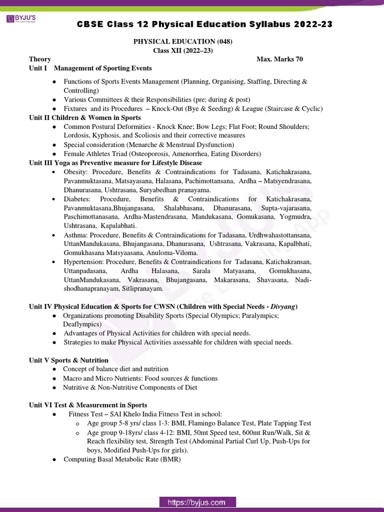 CBSE Class 12 Physical Education Syllabus 2022 23 | PDF | Anatomical ...