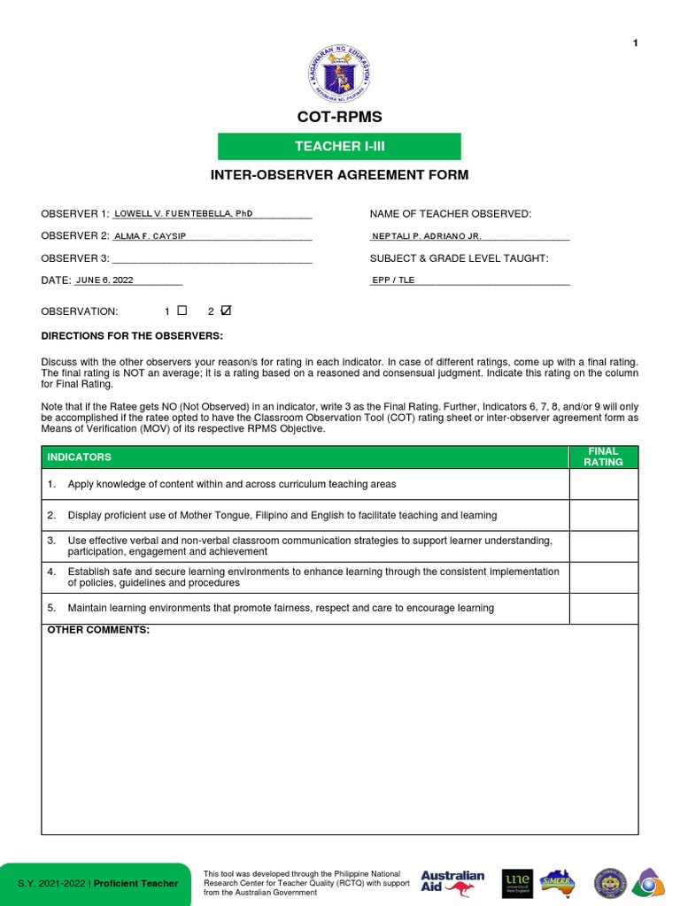 Cot Observation Sheet | PDF | Learning | Teachers