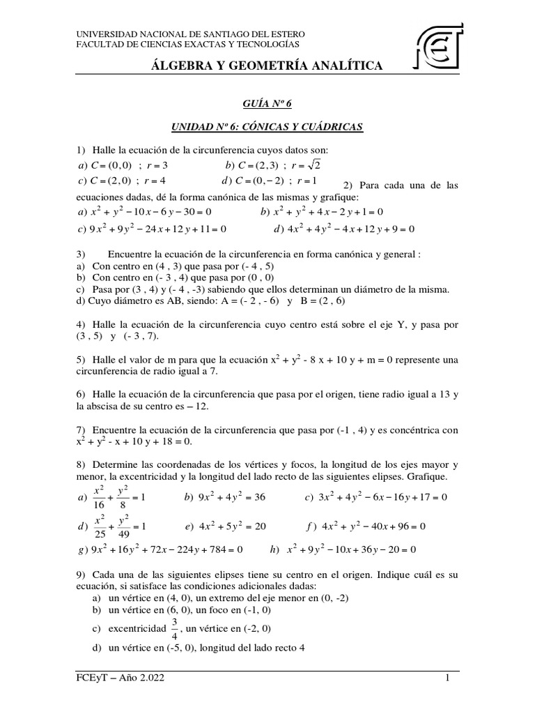Guía de Cónicas y Cuádricas: Ejercicios Resueltos | PDF | Elipse | Geometría Elemental