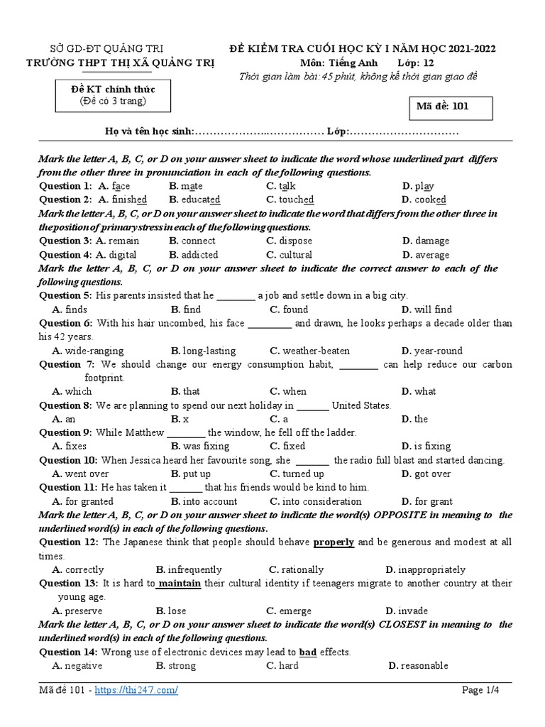 De Kiem Tra Cuoi Hoc Ki 1 Tieng Anh 12 Nam 2021 2022 Truong THPT Thi Xa Quang Tri | PDF | Social ...