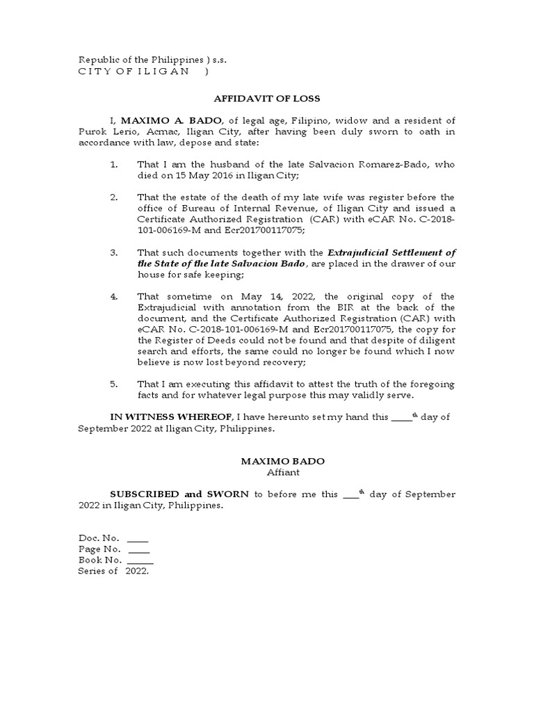 Affidavit-of-Loss-CAR - BIR | PDF