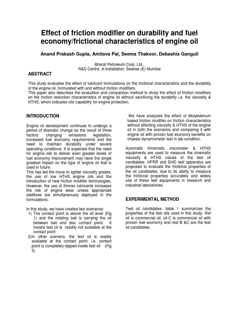 Effect Of Friction Modifier On Durability And Fuel Economy Frictional
