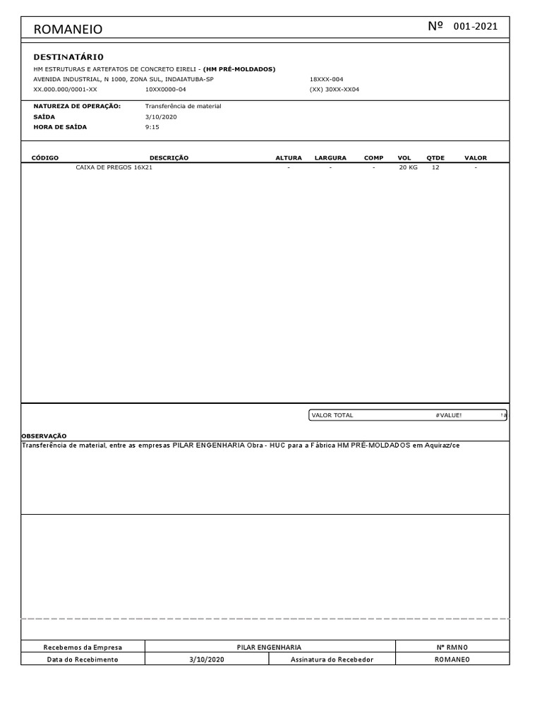 Formulario de Romaneio em Excel | PDF