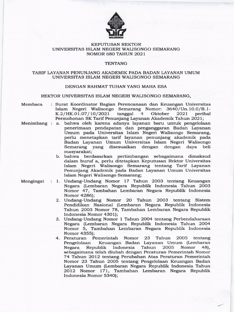 SK Rektor No 680 Tahun 2021 Tentang Tarif Layanan Penunjang Akademik ...