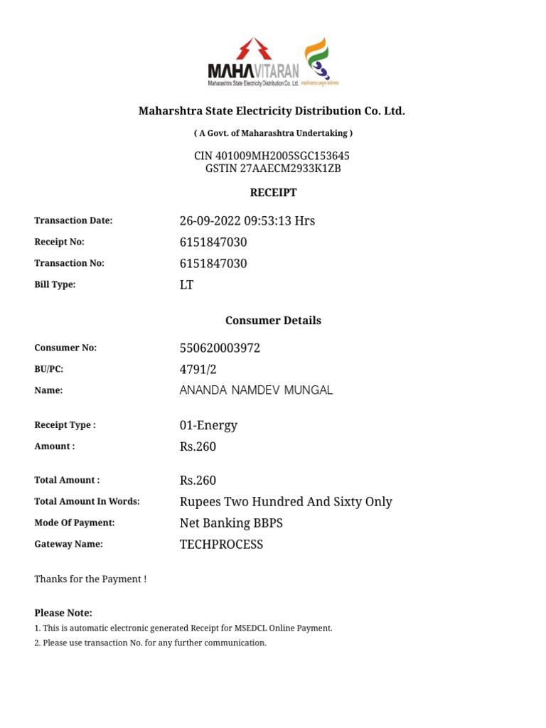 Payment Receipt - Online Bill (LT) | PDF