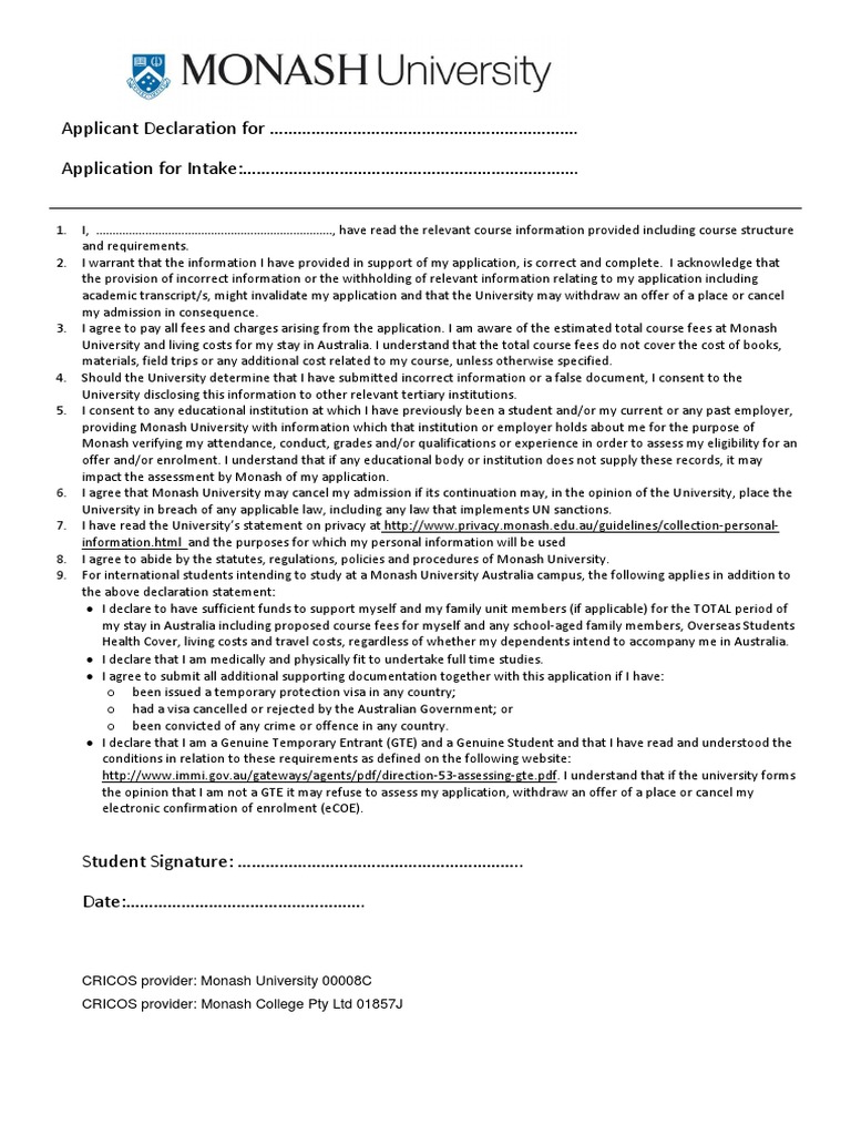 Monash Student Declaration Form (NEW) 2018 | PDF | Travel Visa ...