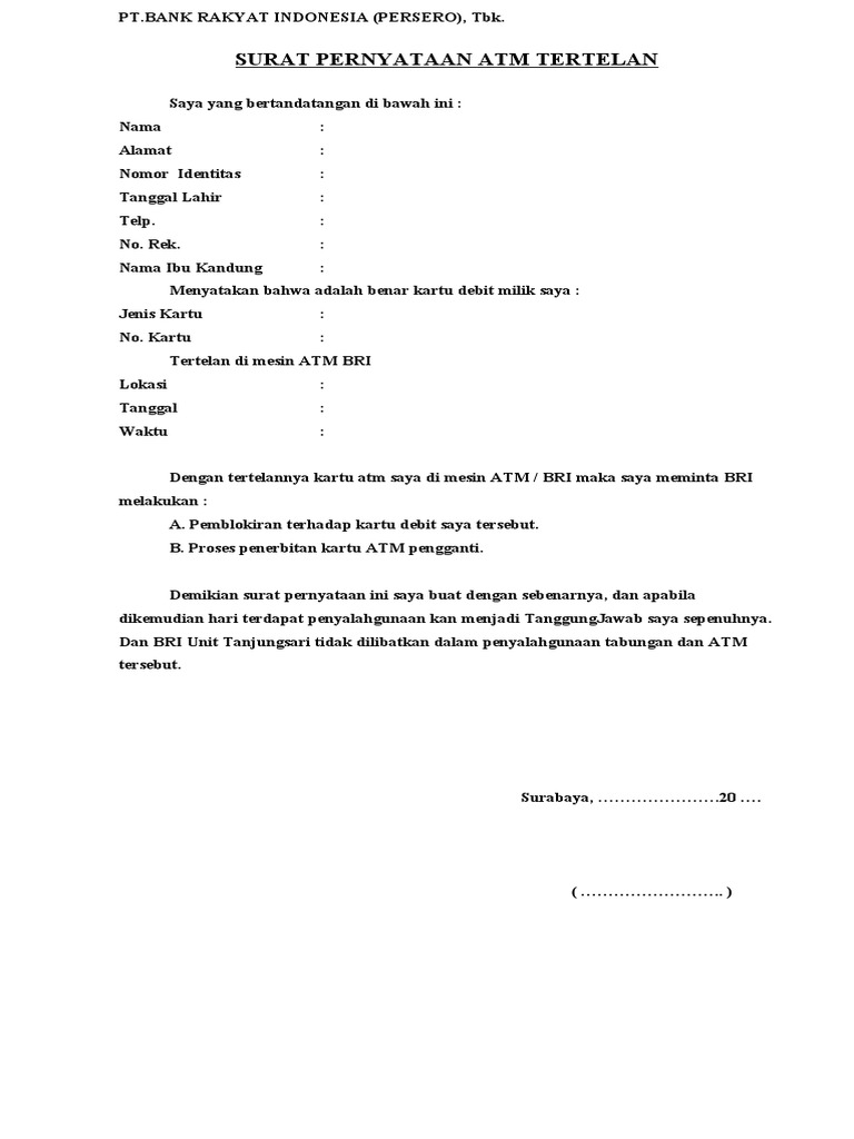 SURAT PERNYATAAN Atm Tertelan | PDF | Hukum