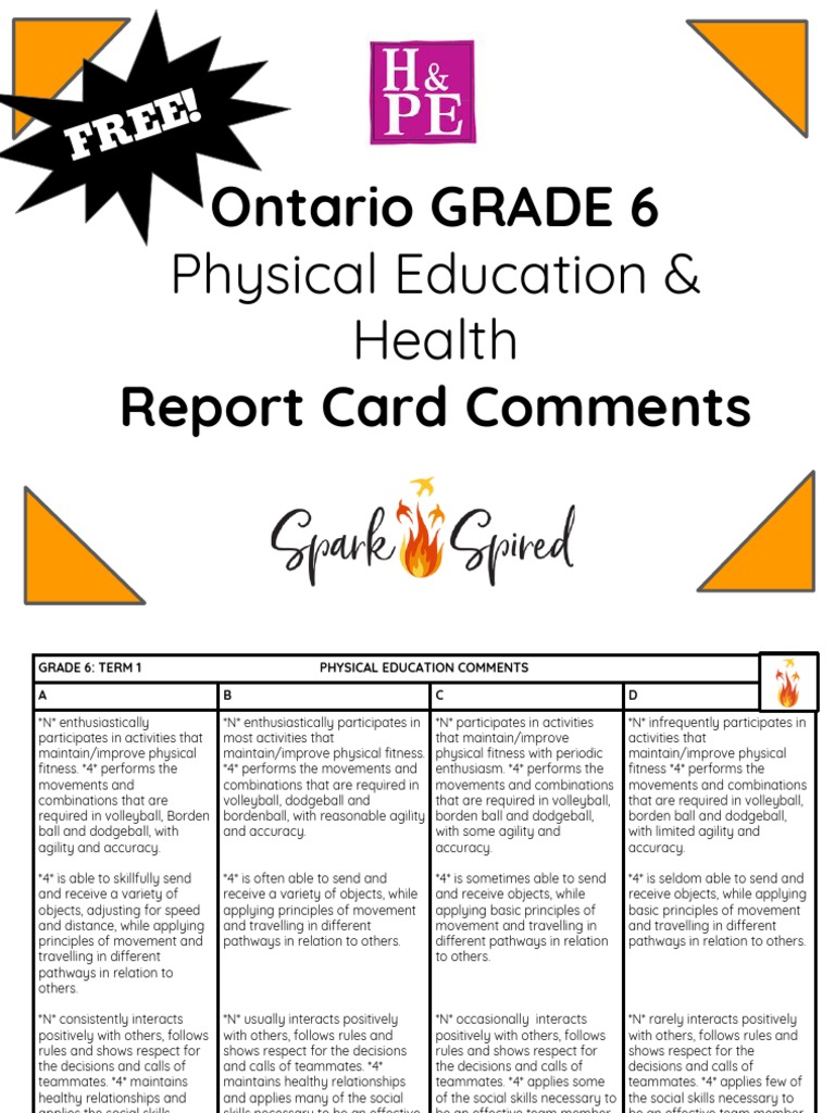 Free!: Ontario GRADE 6 Physical Education & Health Report Card Comments ...