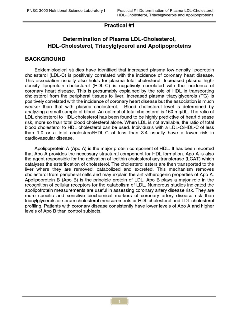 FNSC 3002 Practical 1 Determination of Plasma Ldl-Cholesterol Hdl-Cholesterol Triacylglycerol ...