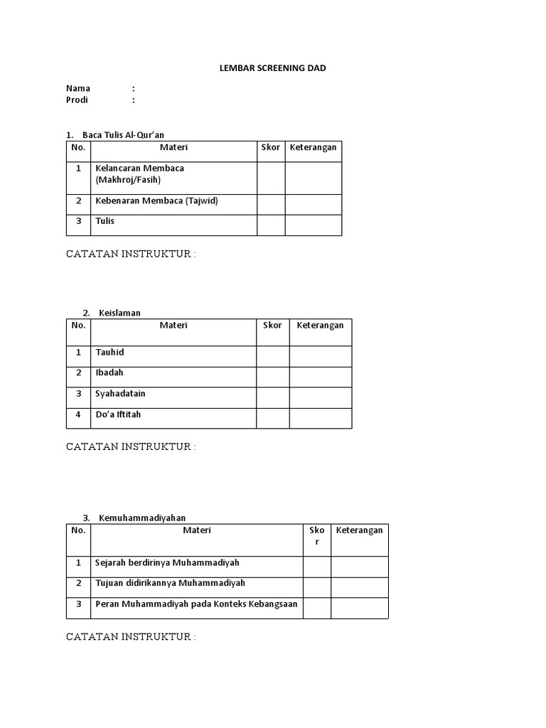 Lembar Screening Dad | PDF