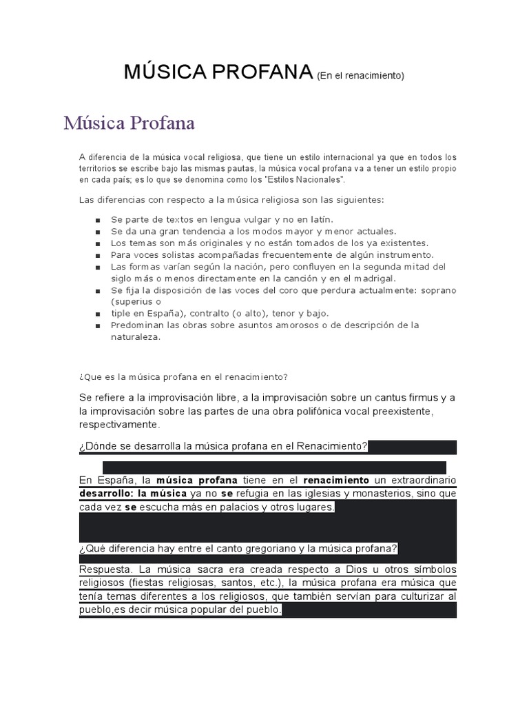 MÚSICA PROFANA (En El Renacimiento) | PDF | Canciones | Musica Religiosa