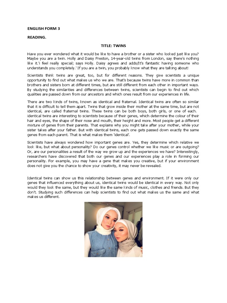 ENGLISH FORM 3 Listening Task | PDF | Twin | Cognition