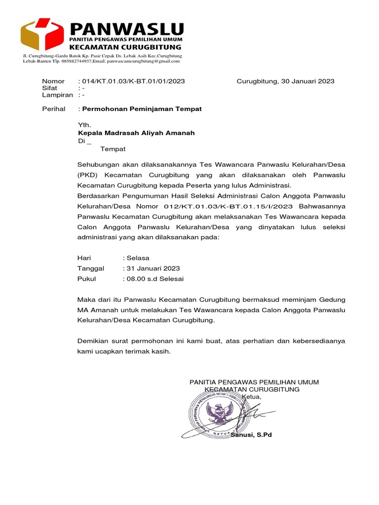 Surat Ijin Tempat Tes Wwncra | PDF