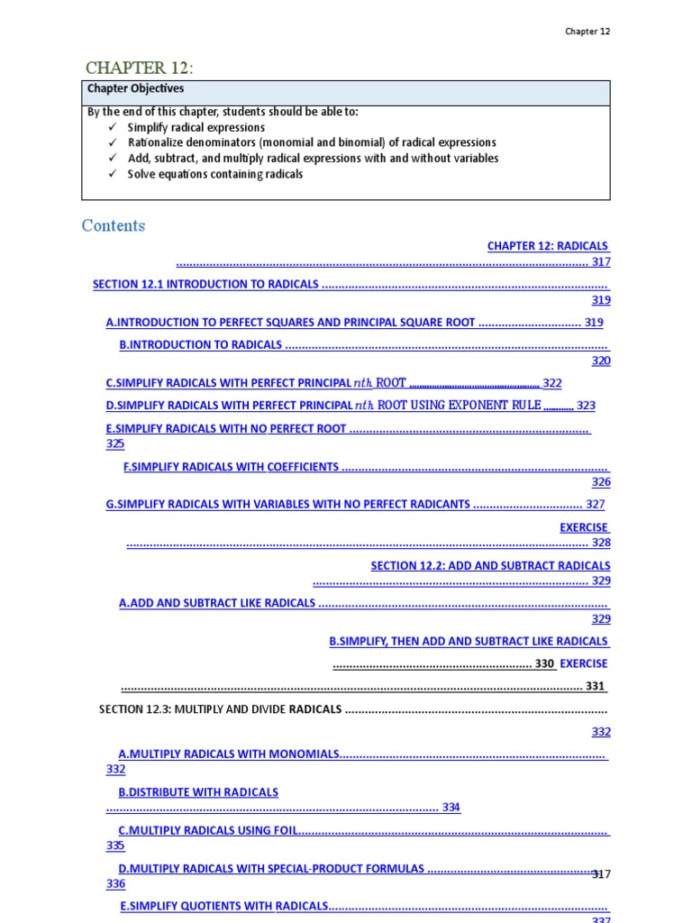 Chapter 12 - Radicals | PDF | Square Root | Numbers