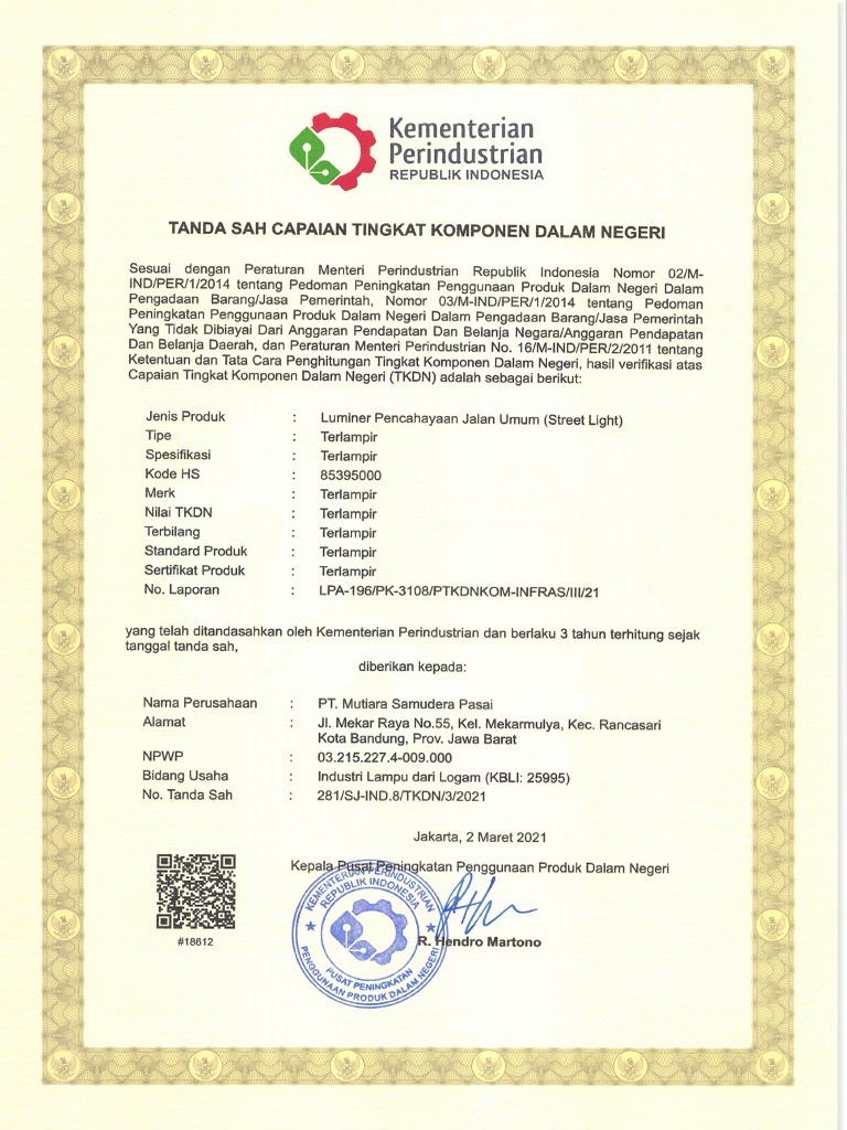 15 - Sertifikat TKDN - PT MSP | PDF