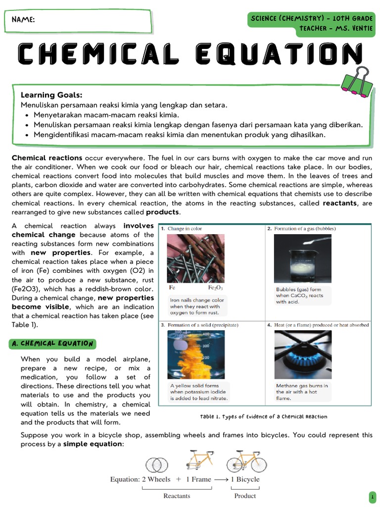 10th Grade Chemistry: Writing and Balancing Chemical Equations | PDF ...