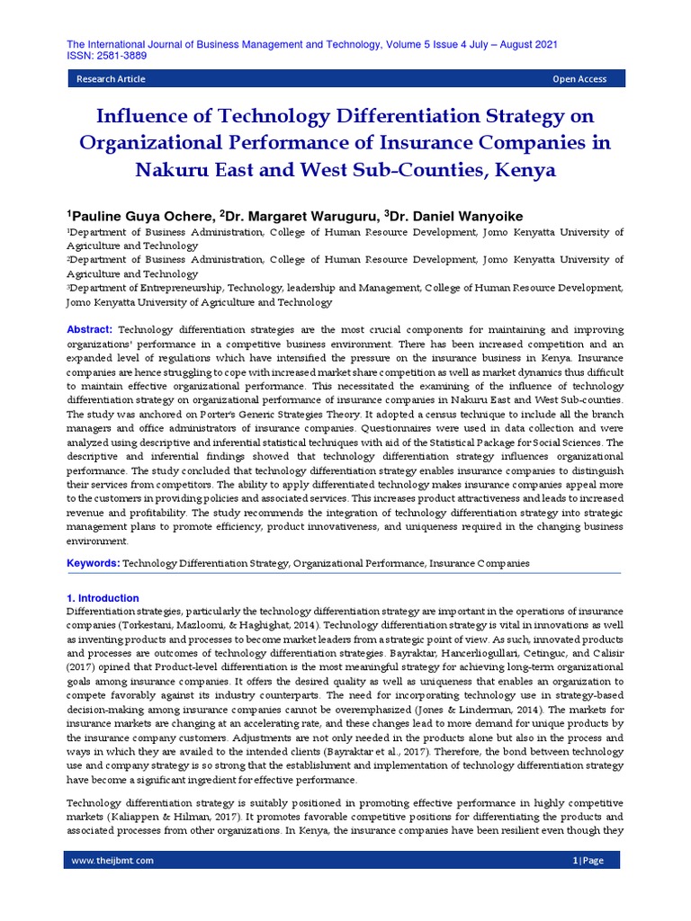 Influence of Technology Differentiation Strategy On Organizational Performance of Insurance ...