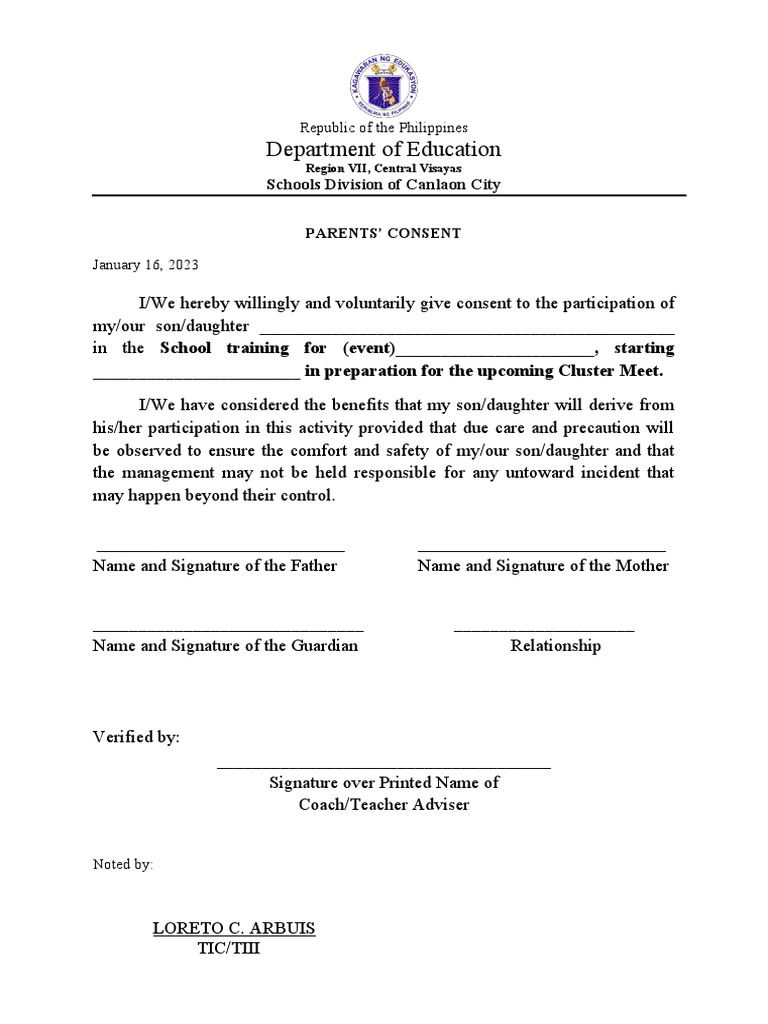 Parents' Consent for School Training | PDF