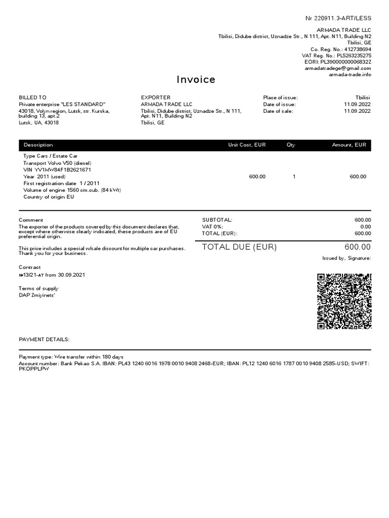 Invoice: Total Due (Eur) 600.00 | PDF | Value Added Tax | Invoice