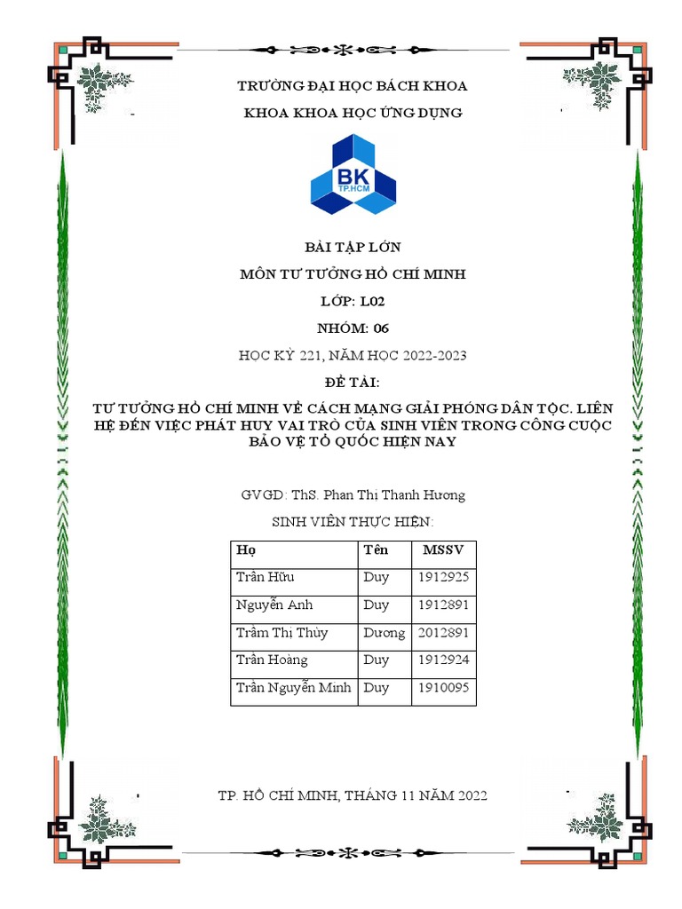BTL Hoan Chinh - Lop L02 - Nhom 06 - de Tai 1 | PDF