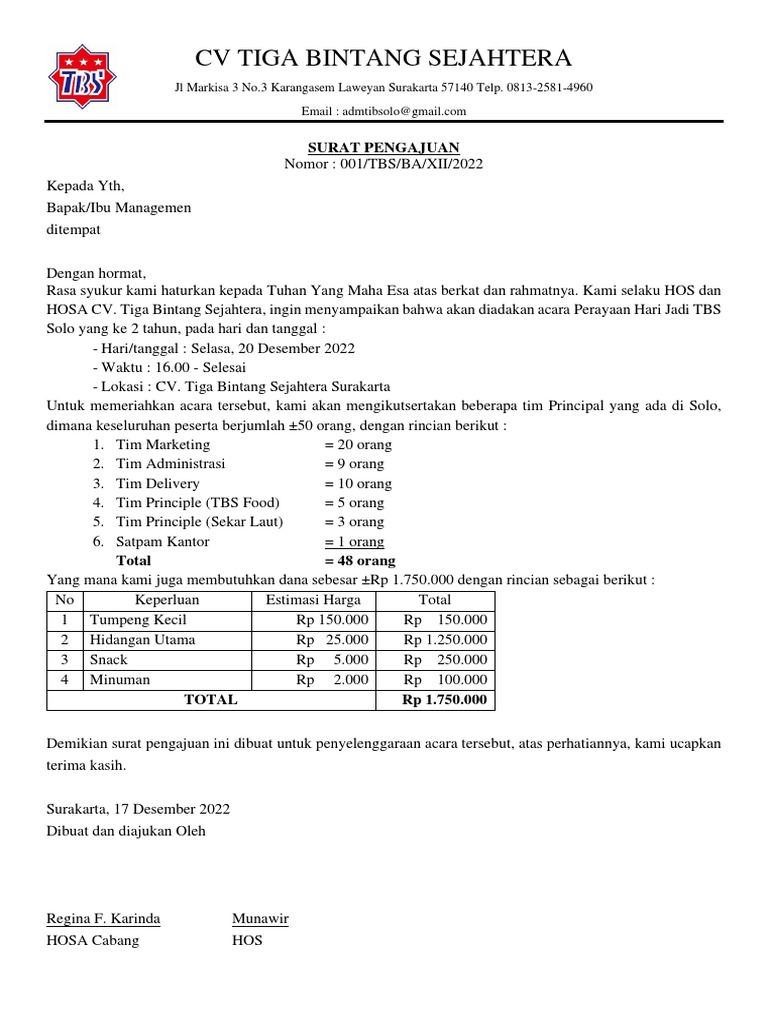 Surat Pengajuan Dana Acara TBS | PDF