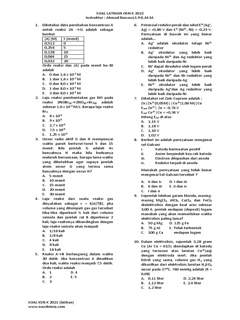 Soal Latihan KSNK 2021 Kinetika Dan Elektrokimia | PDF