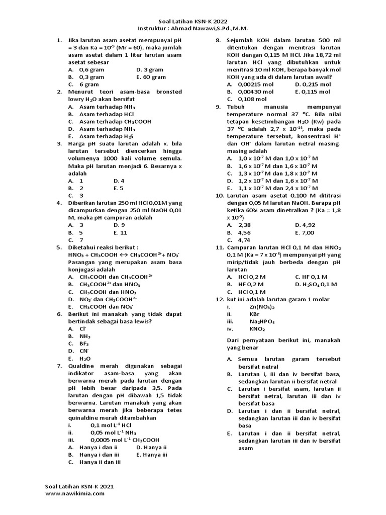 Soal Latihan KSN-K 2022 Teori Dan Kesetimbangan Asam Basa | PDF