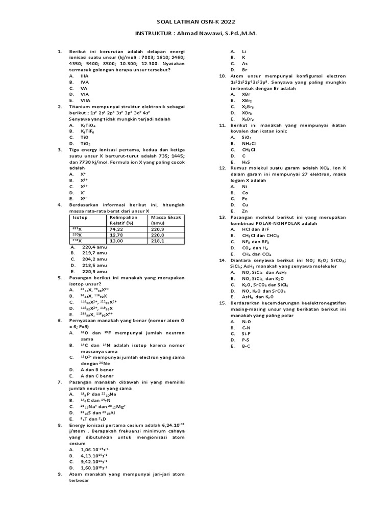 Soal Latihan KSN-K 2022 Struktur Atom, Spu, Ikatan Kimia | PDF