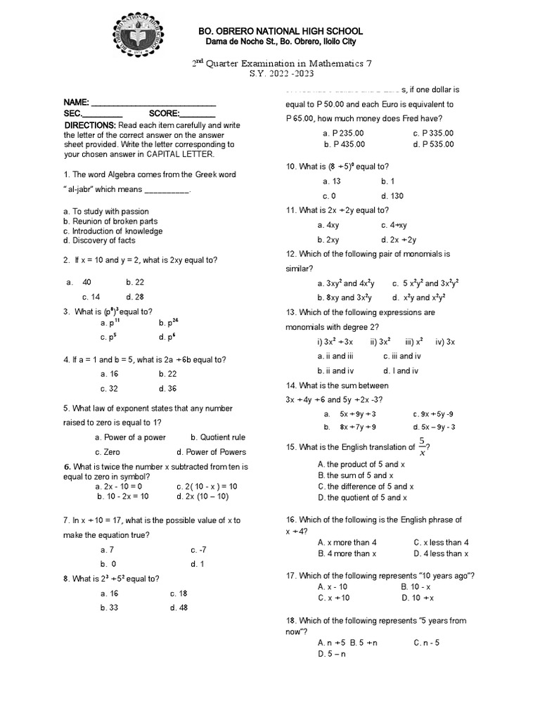 PT G7 Mathematics | PDF
