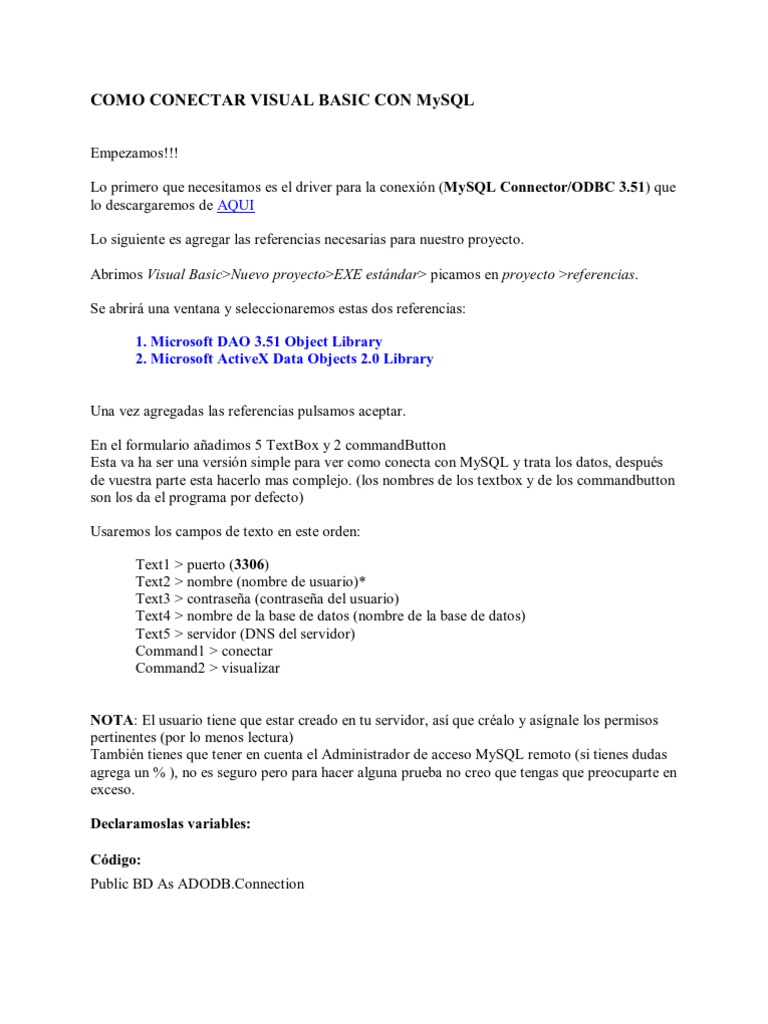 Como Conectar Visual Basic Con Mysql | PDF