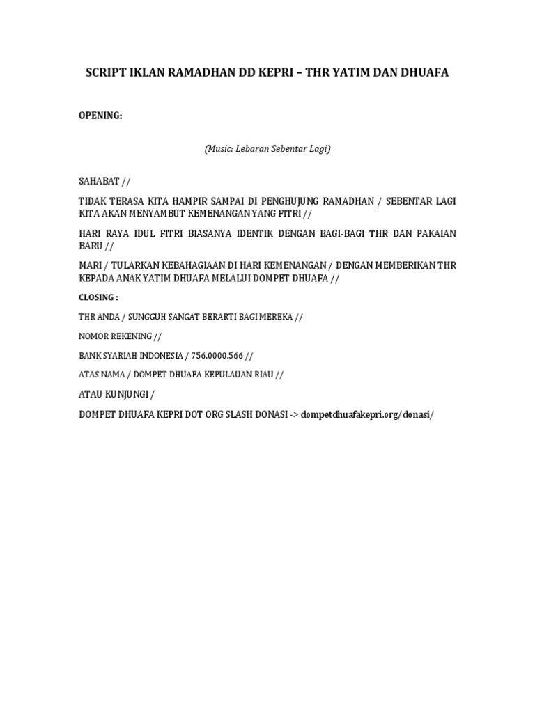 Script Iklan Ramadhan DD Kepri - THR Yatim Dan Dhuafa | PDF