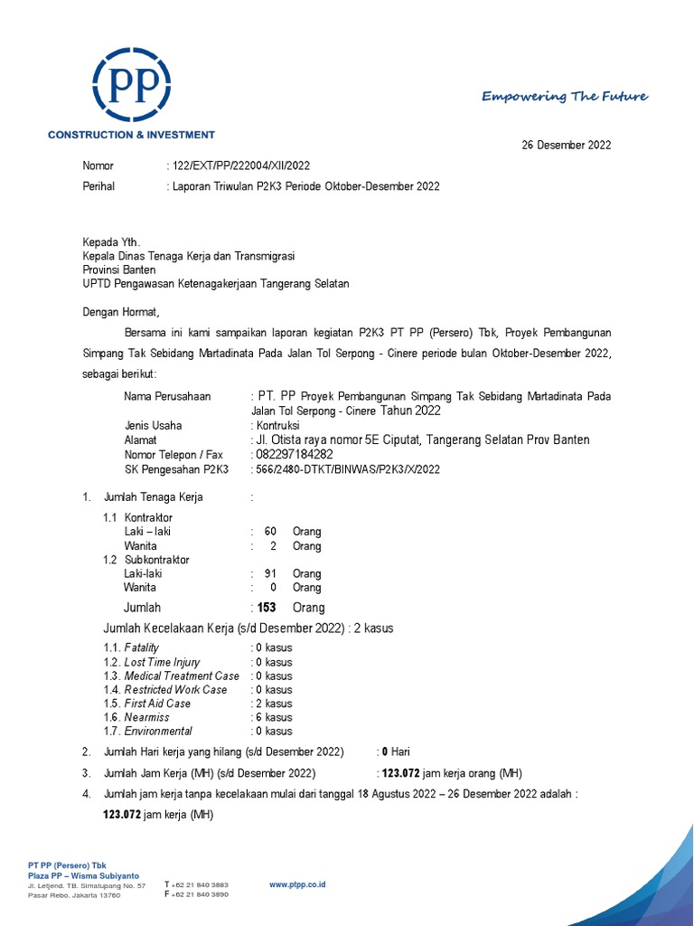 Laporan P2K3 Triwulan 4 2022 (Oktober-Desember) | PDF