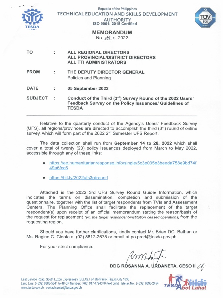Memo No. 289 S 2022 Re Conduct of The Third Survey Round of The UFS On Policy Issuances | PDF