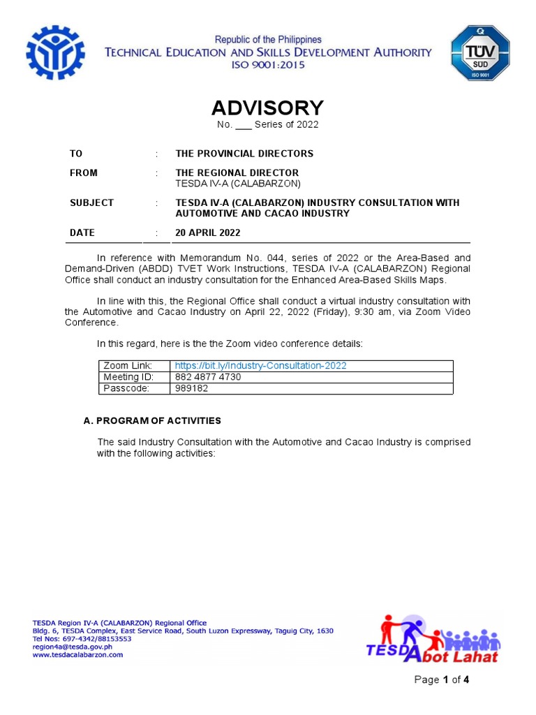 TESDA IV-A Industry Consultation 2022 | PDF