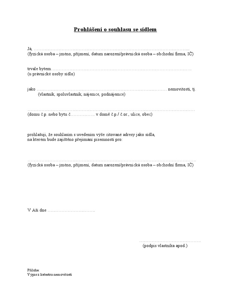 Prohlášení o Souhlasu Se Sídlem | PDF