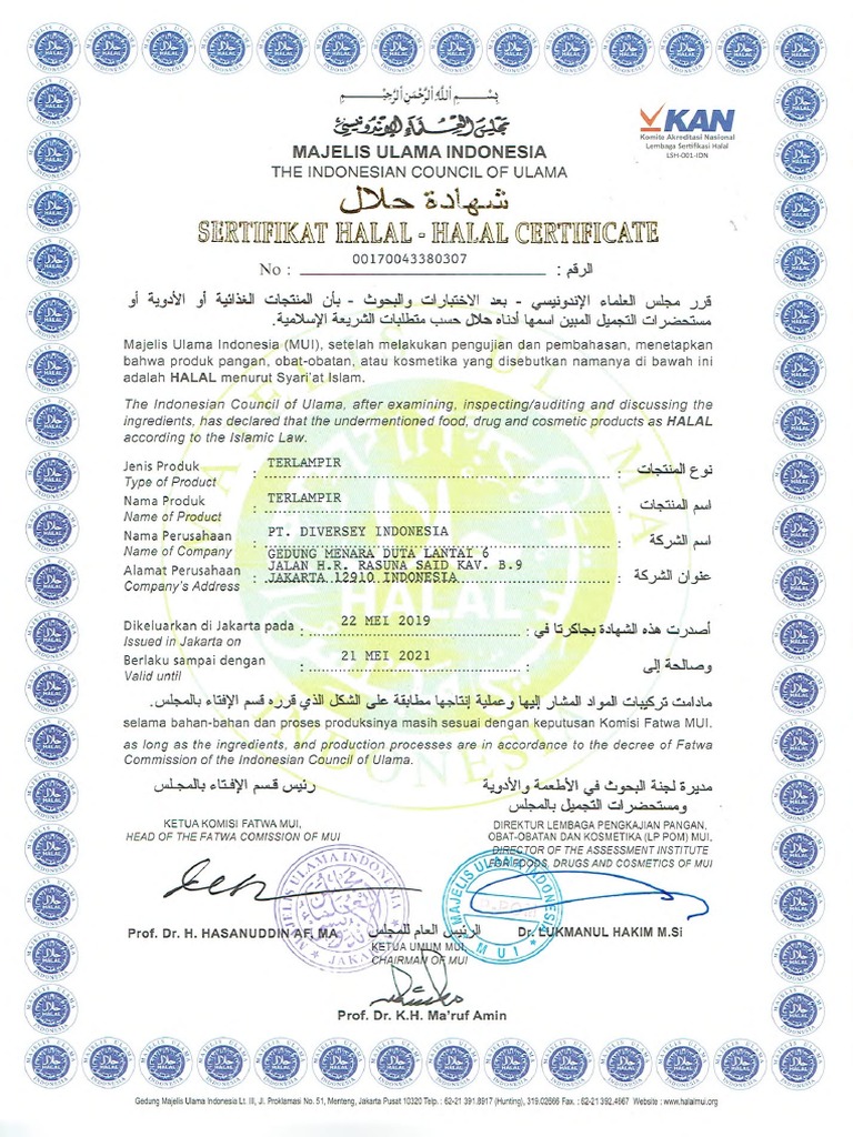 Diversey - Indonesia - Halal MUI - 2019 - 2021 | PDF
