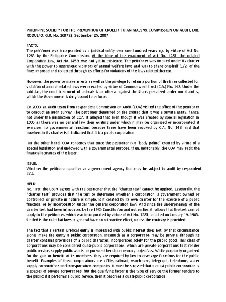 PHILIPPINE SOCIETY FOR THE PREVENTION OF CRUELTY TO ANIMALS vs. COA ...