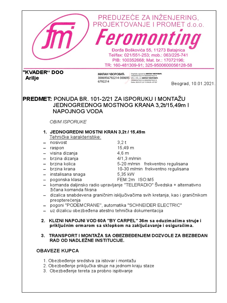 KVADER Arilje P 101-2-22 Jednogredni Mostni Kran 3,2t-15,49m | PDF