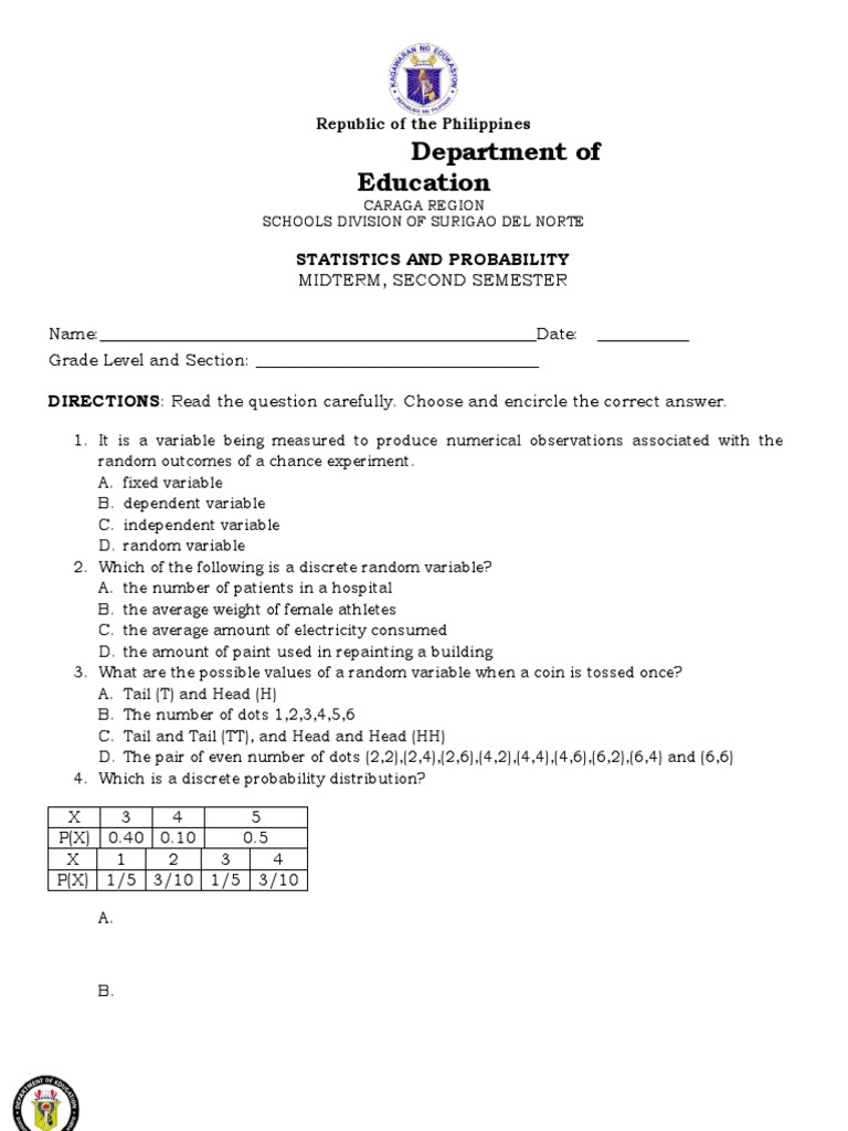 Stat&Prob Questionnaire Midterm SecondSemester | PDF | Variance ...