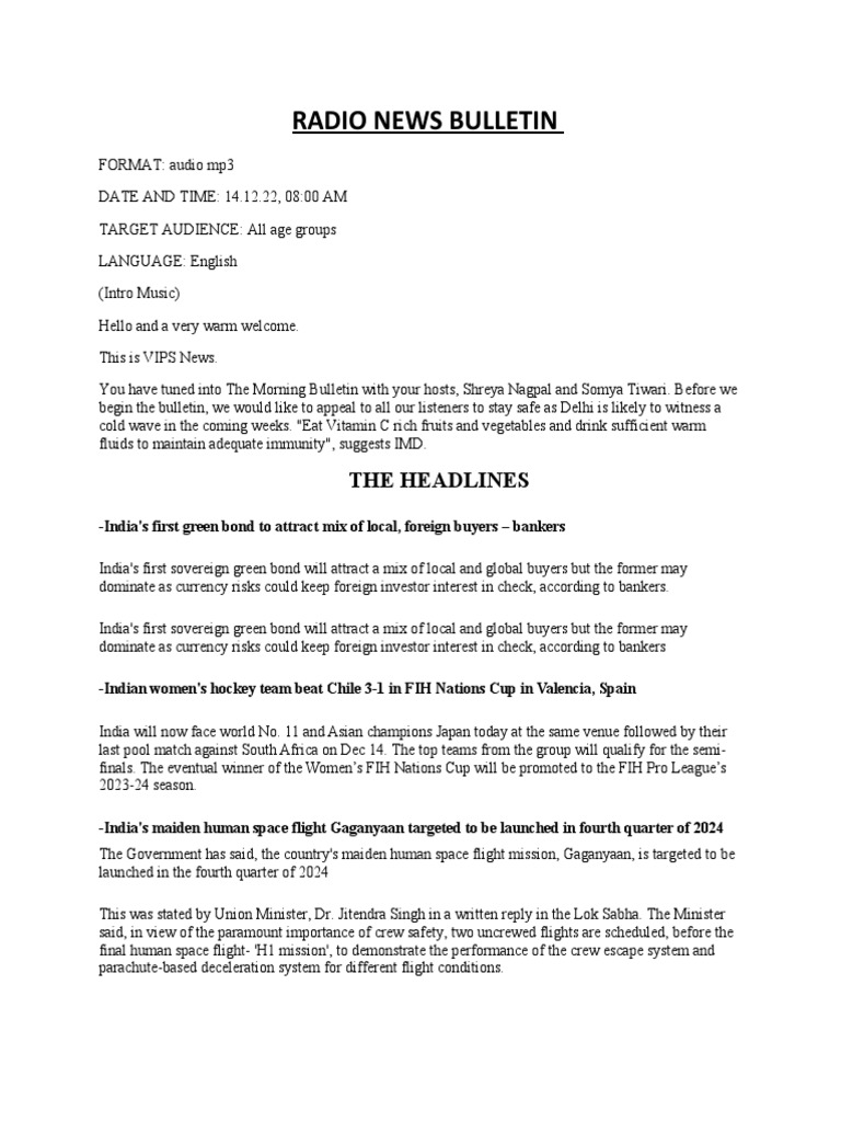Morning Radio News Bulletin Summary | PDF
